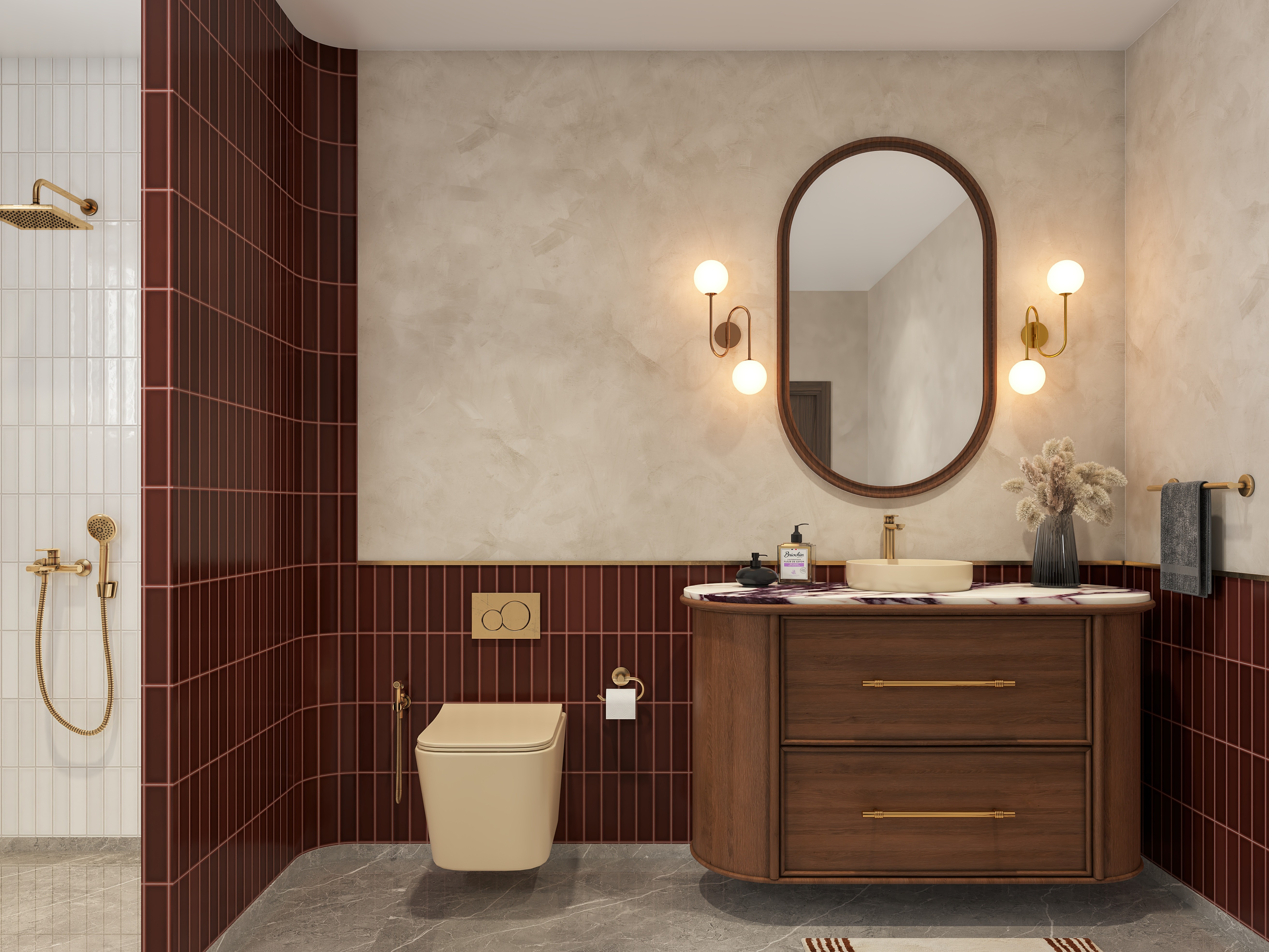 Mid-century modern bathroom with warm ivory and terracotta palette and ...