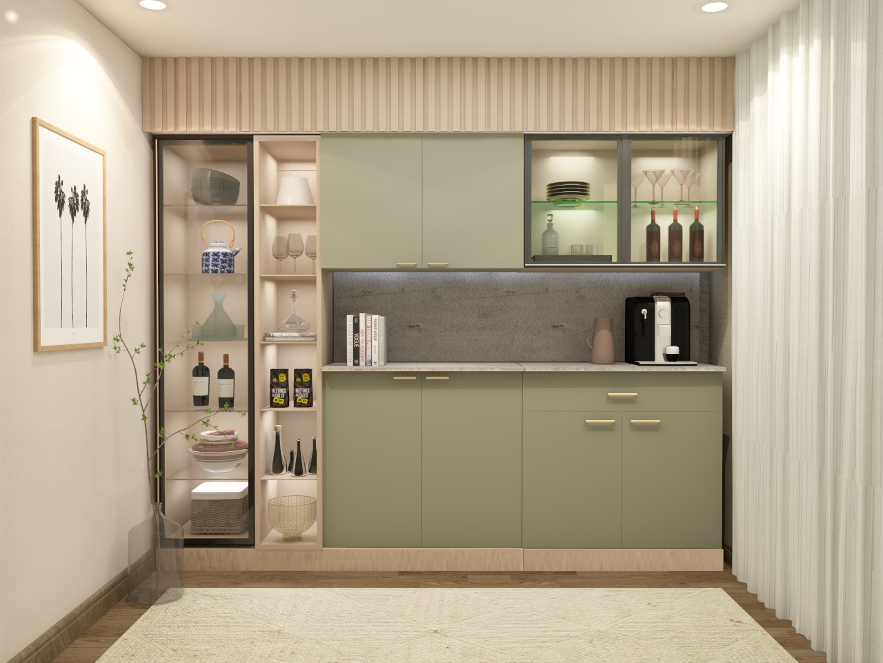 Classic contemporary crockery unit in sage green tones with light wood ...