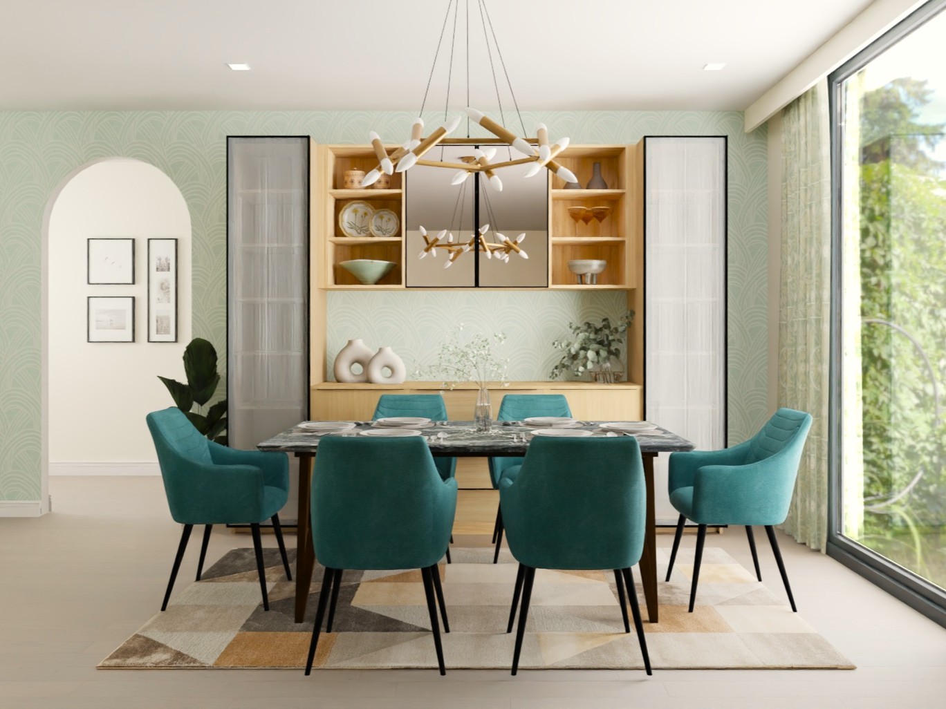 Contemporary dining room with teal upholstered dining chairs and marble ...