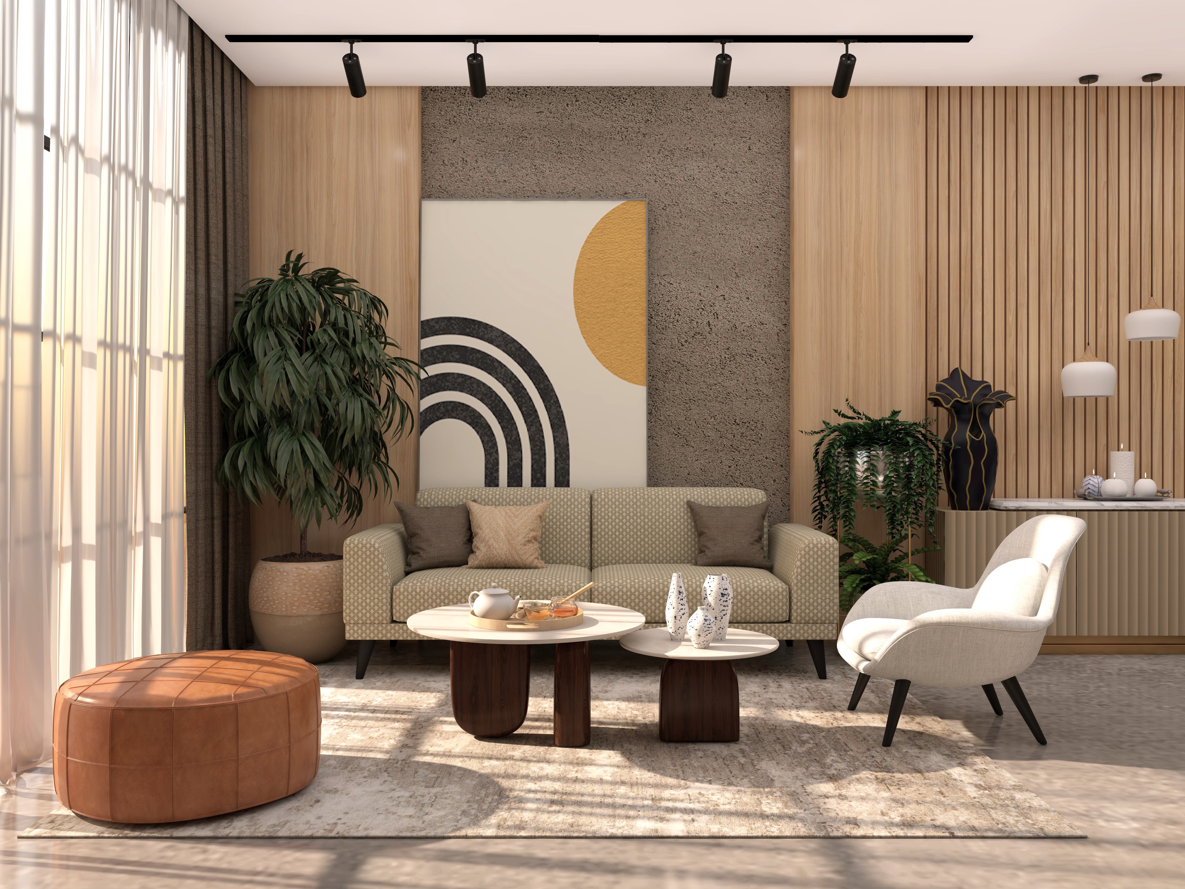 Farmhouse living room with wood and stone textured wall paneling