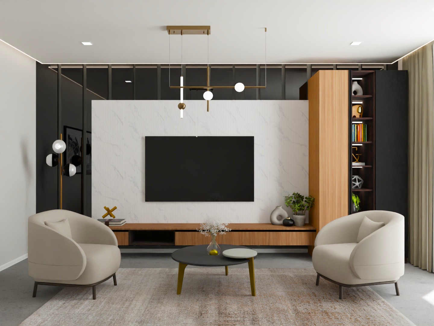 Modern contemporary living room with curved arm chairs and fluted TV ...