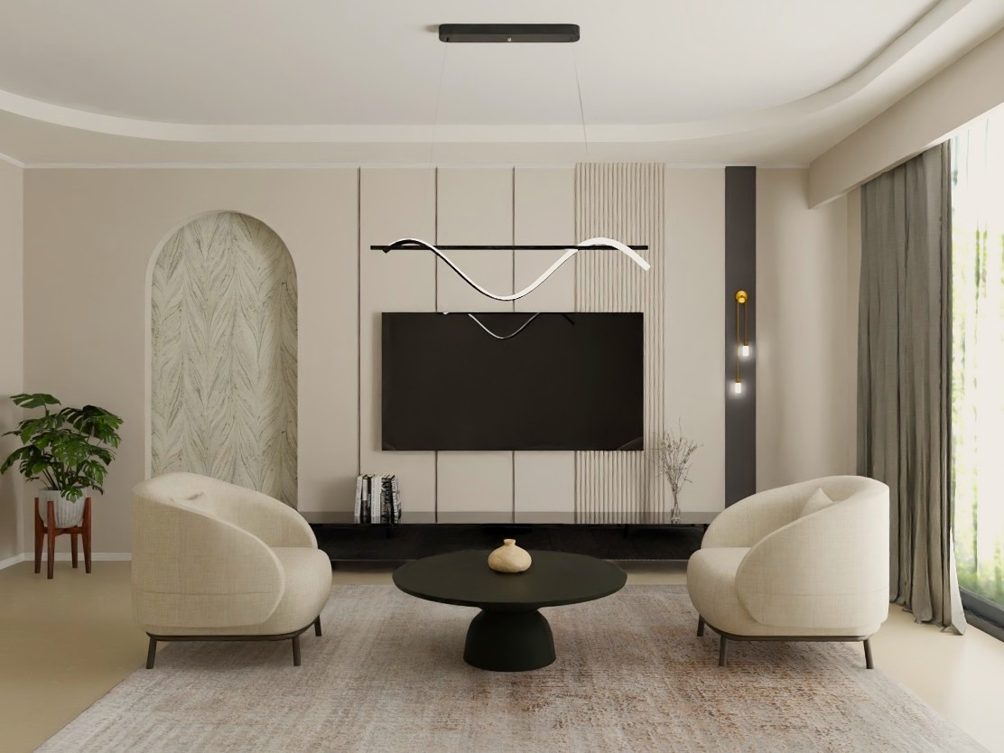 Modern minimalist living room with curved lounge chairs and marble flooring