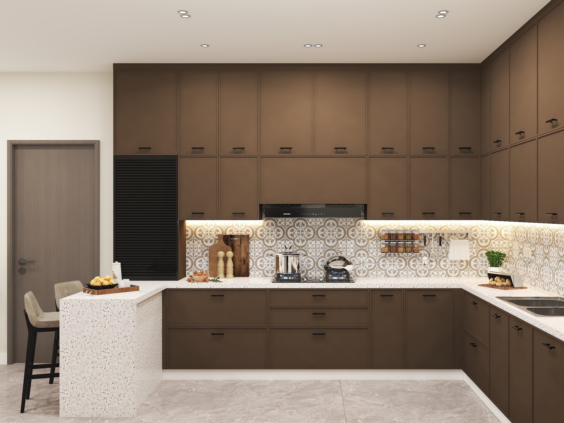 Brown l-shaped kitchen with breakfast counter and terrazzo countertop