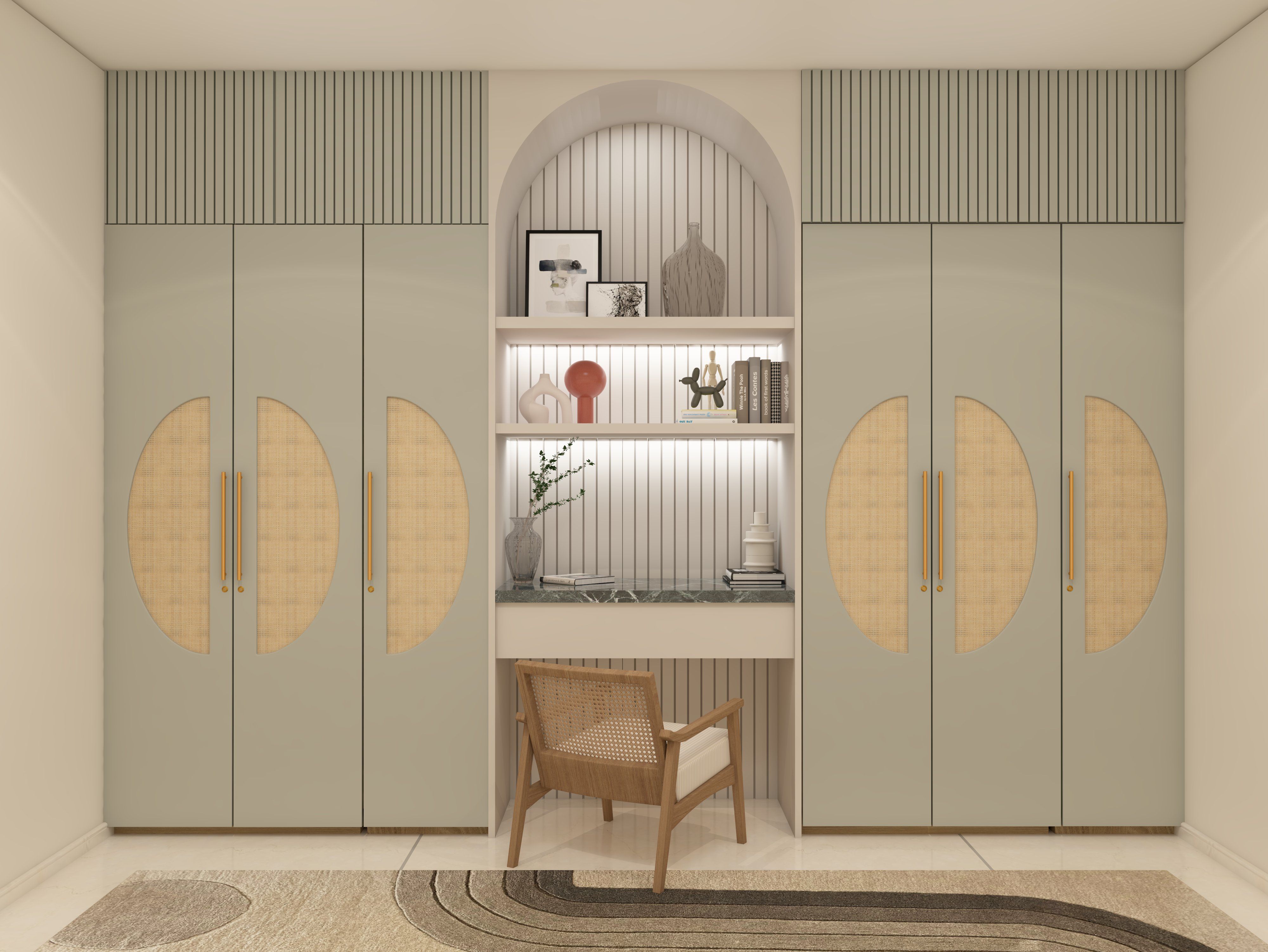 Bohemian wardrobe design with pastel green shutters and integrated ...