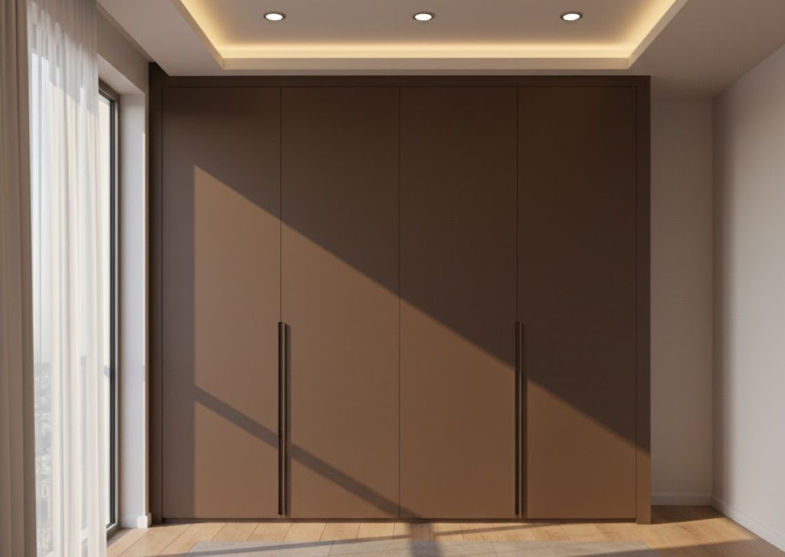 Mocha brown acrylic wardrobe with sleek black handles