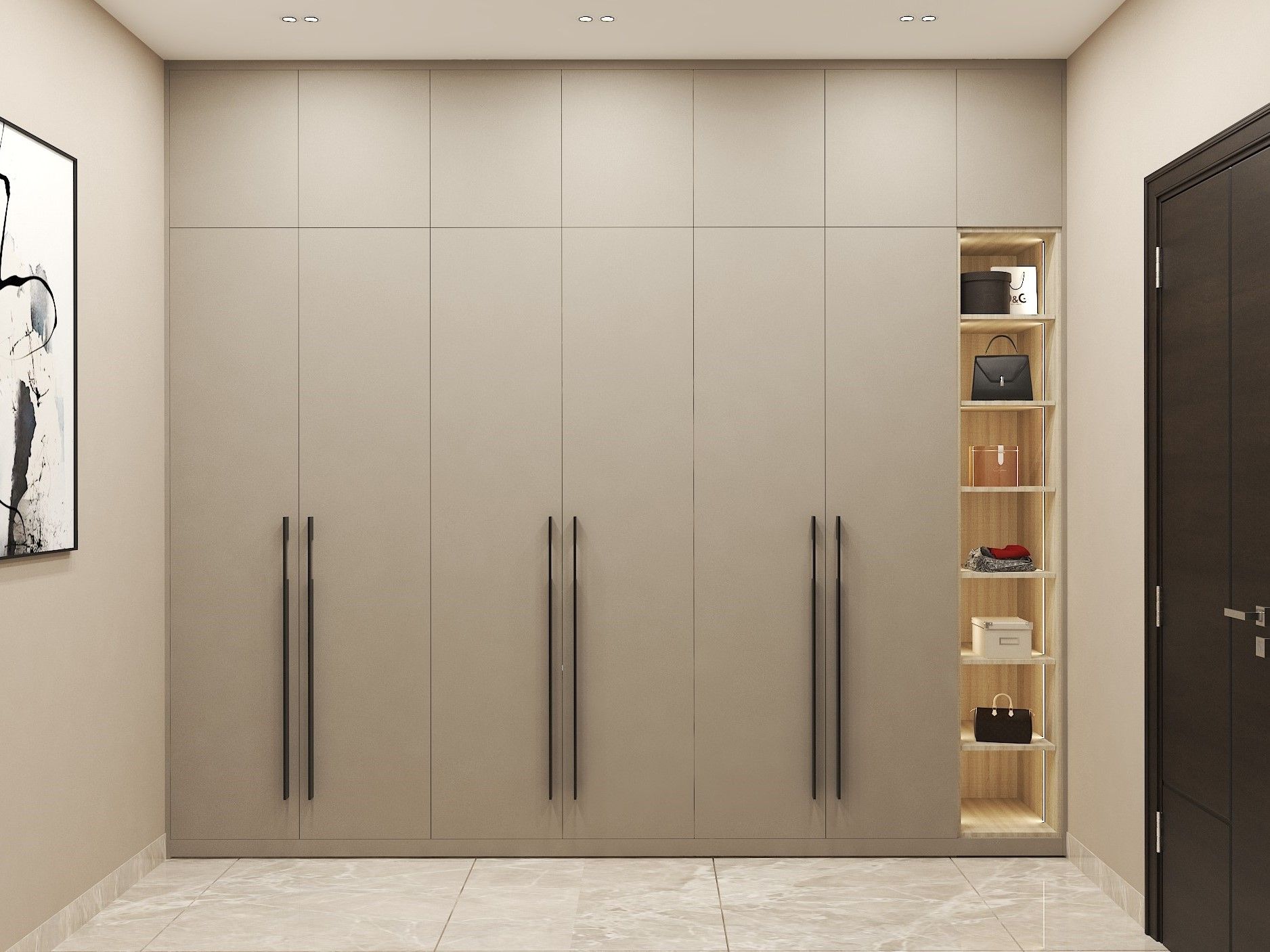Modern beige wardrobe with corner open shelves