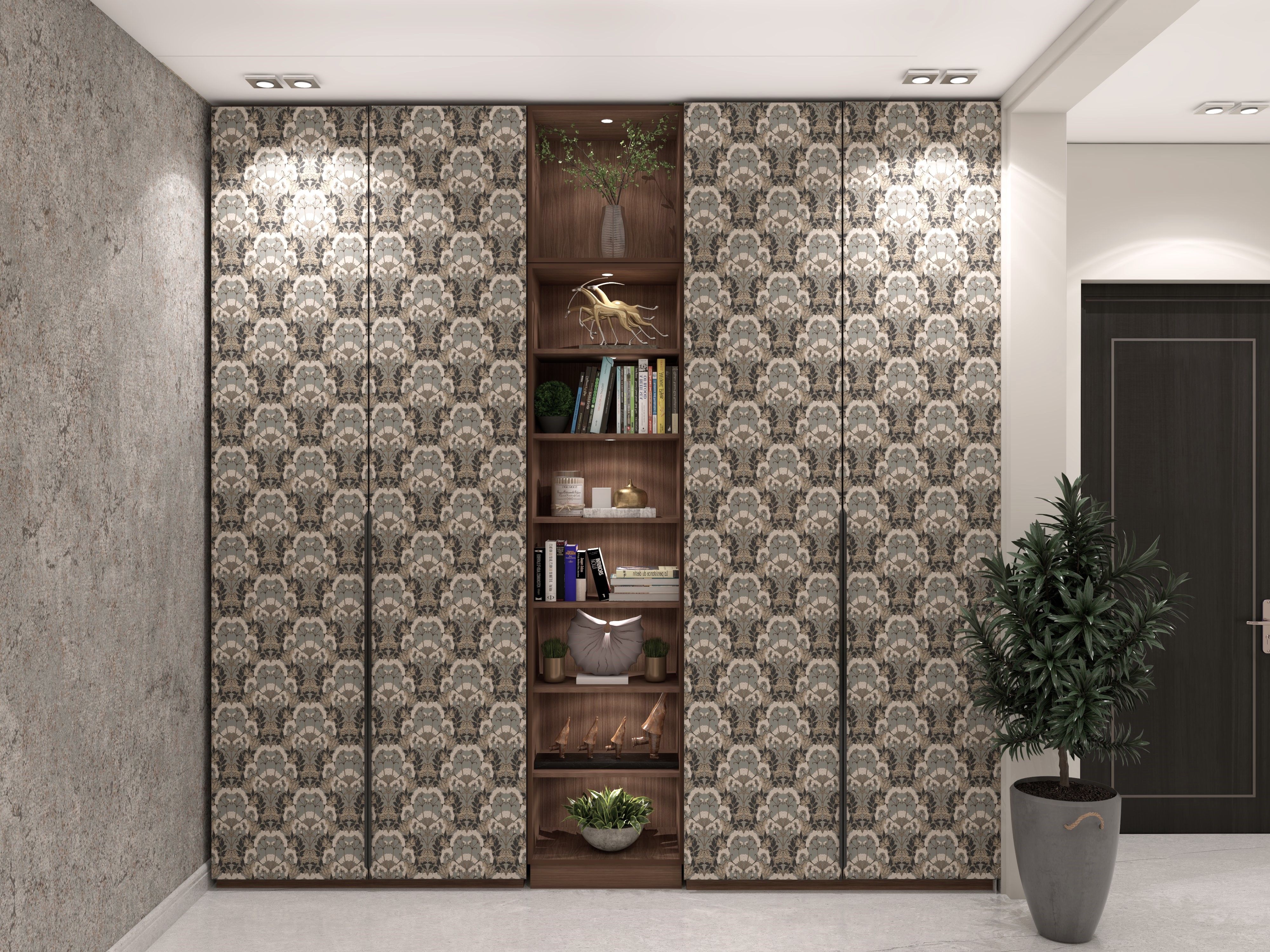 Modern eclectic wardrobe with wallpaper finish shutters and central ...