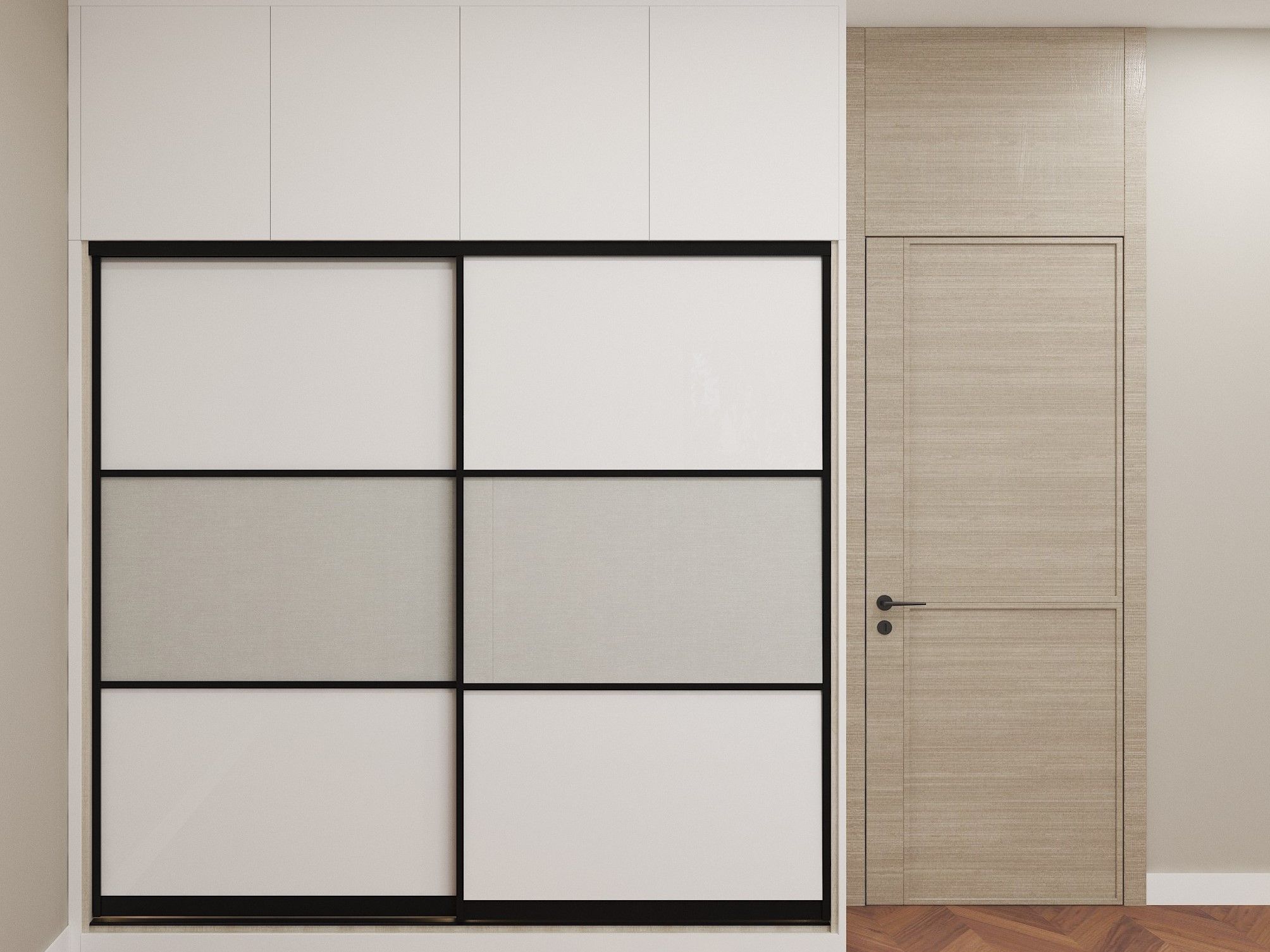 Modern sliding wardrobe with black and white shutters