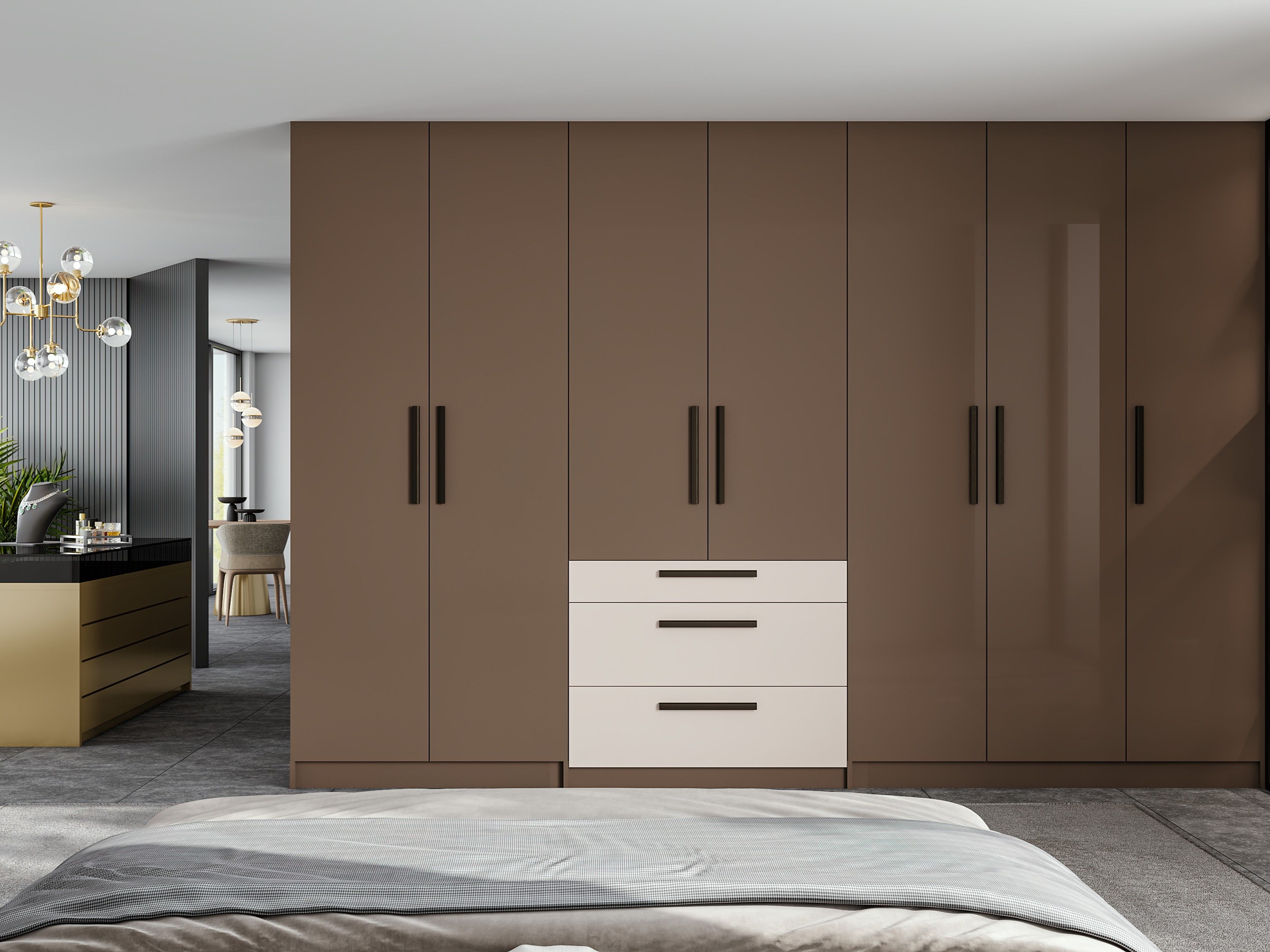 Modern wardrobe design with caramel brown shutters and beige drawers