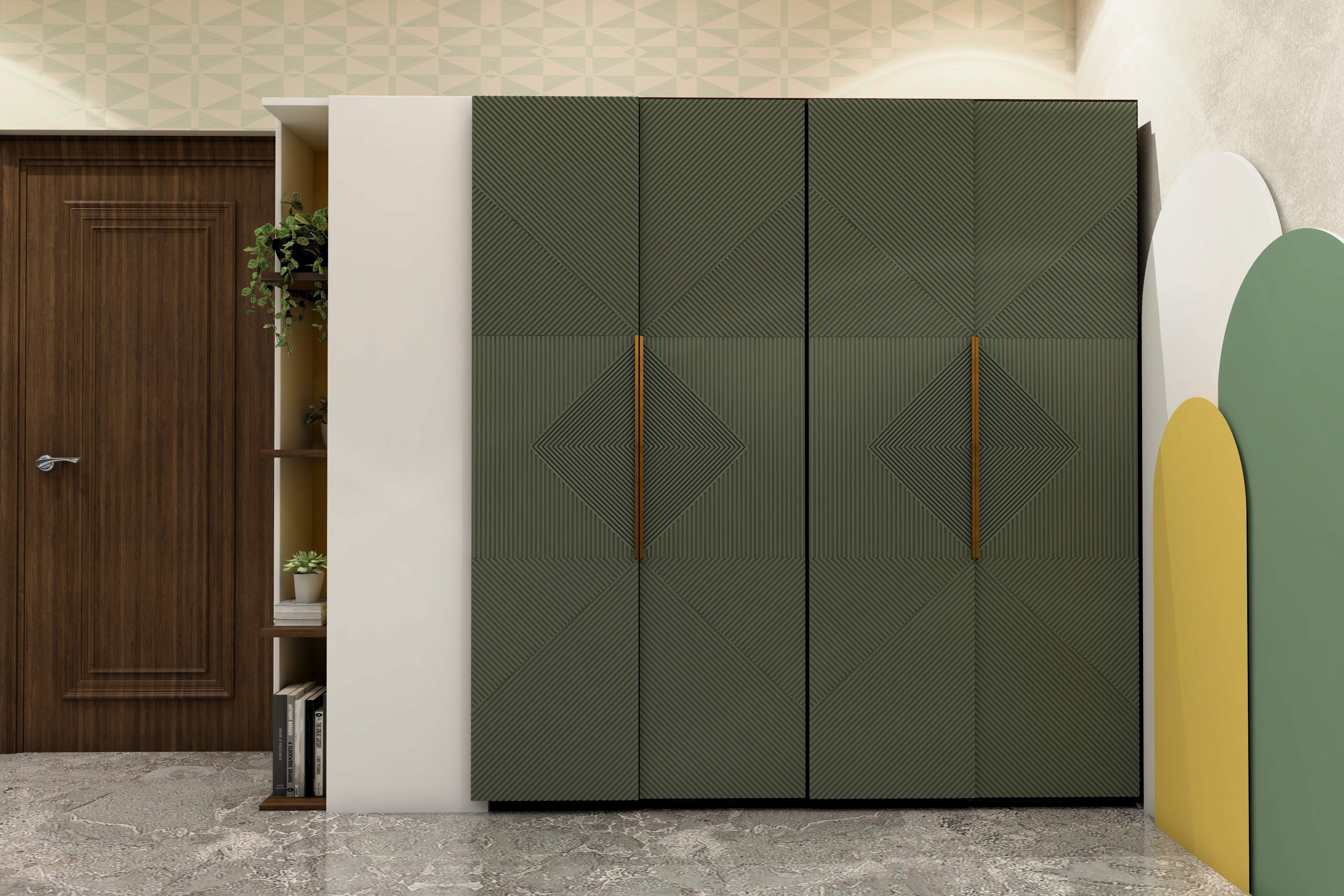 Golden textured laminate design for wardrobe with shelves | Beautiful Homes
