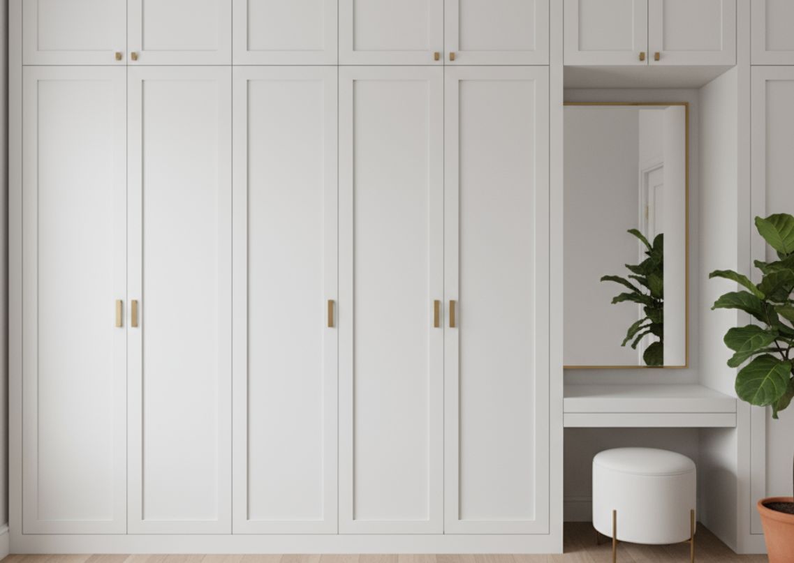 Wardrobe with hinged paneled shutters in matte white PU finish