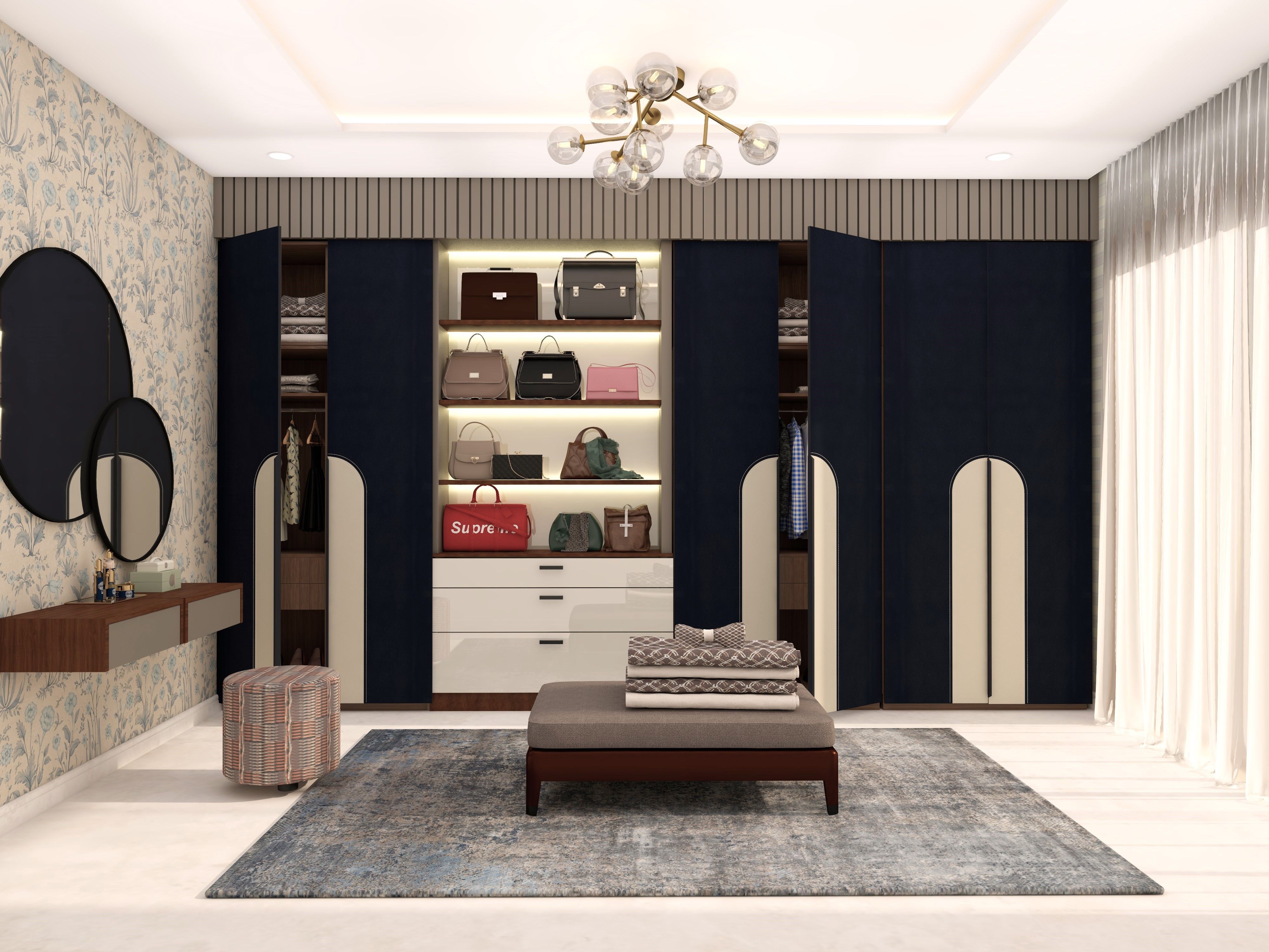 Wardrobe with navy blue shutter and soft beige leatherette arch door