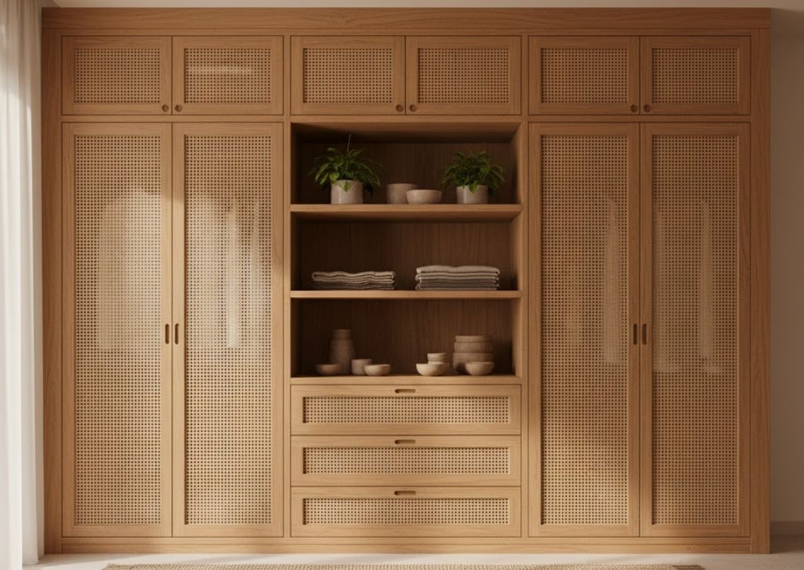 Wardrobe with warm teak frame and cane shutters